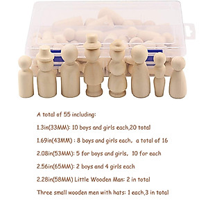 GACYSMD Wooden Peg Dolls Set 55pcs of Natural Unfinished Peg People Family, Unpainted Wooden Peg Dolls Unfinished Figures Mini peg People Wooden for Arts and Crafts
