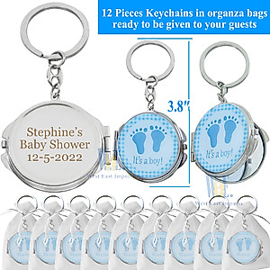 12 PCS Personalized Baby Shower Blue Boy Mirror Keychain Favors with Baby Footprint Design Custom Engraving Gift