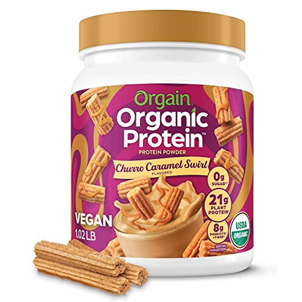 Orgain Organic Vegan Protein Powder, Churro Caramel Swirl - 21g Plant Based Protein, Gluten Free, Dairy Free, Lactose Free, Soy Free, No Sugar Added, Kosher, For Smoothies & Shakes - 1.02lb