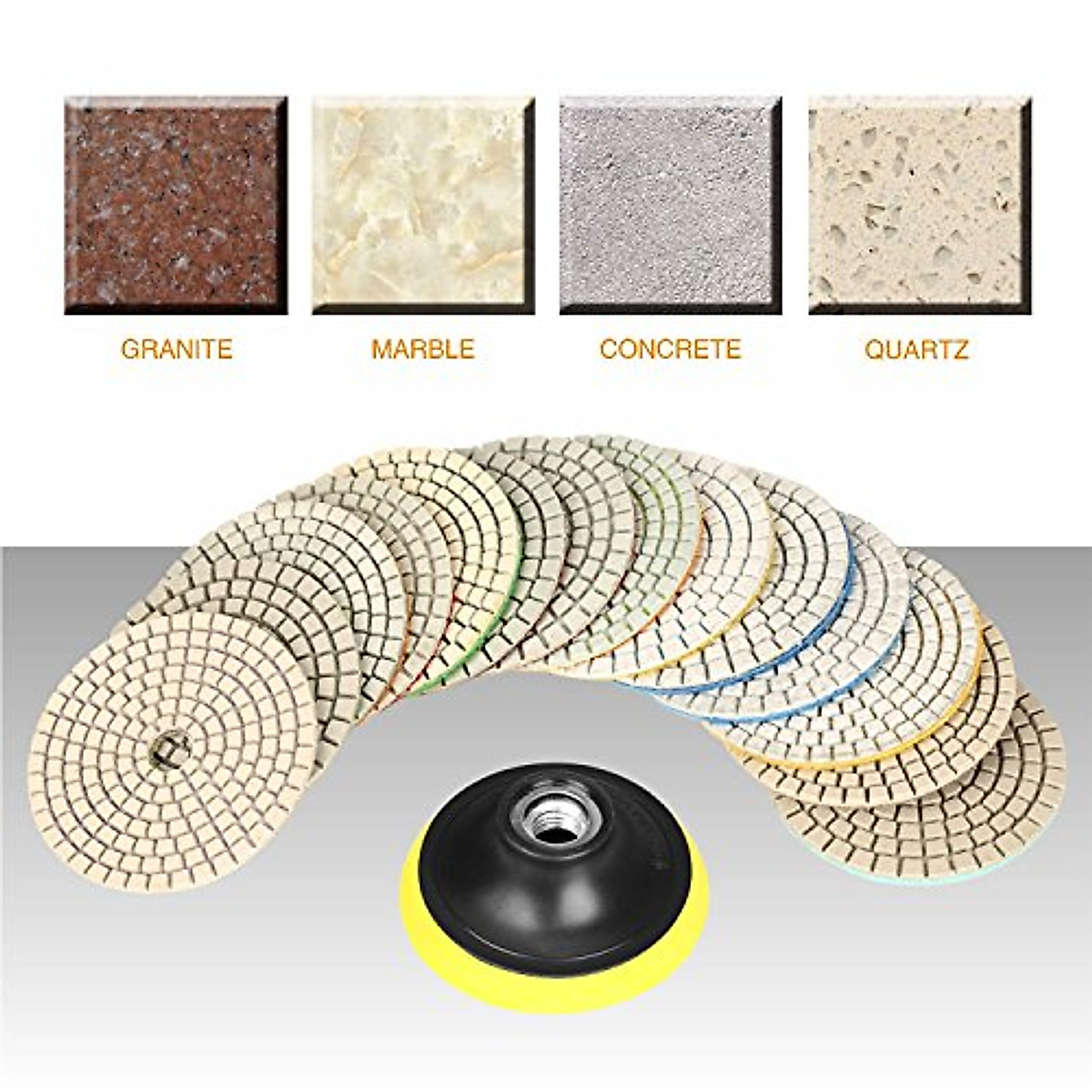 SPTA 15pcs Diamond Wet Polishing Pads Set, 4 inch Pads for Granite Stone Concrete Marble Floor Grinder or Polisher, 50#-6000# with Hook & Loop Backing Holder Pads for Wet Polisher