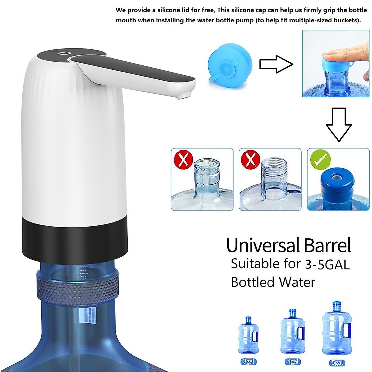 Myvision 5 Gallon Jug Portable Water Dispenser, Water Bottle Pump 5 Gallon Water Dispenser, USB Charging Electric Drinking Portable Water Dispenser, 2-5 Gallon Water Bottle Switch-White