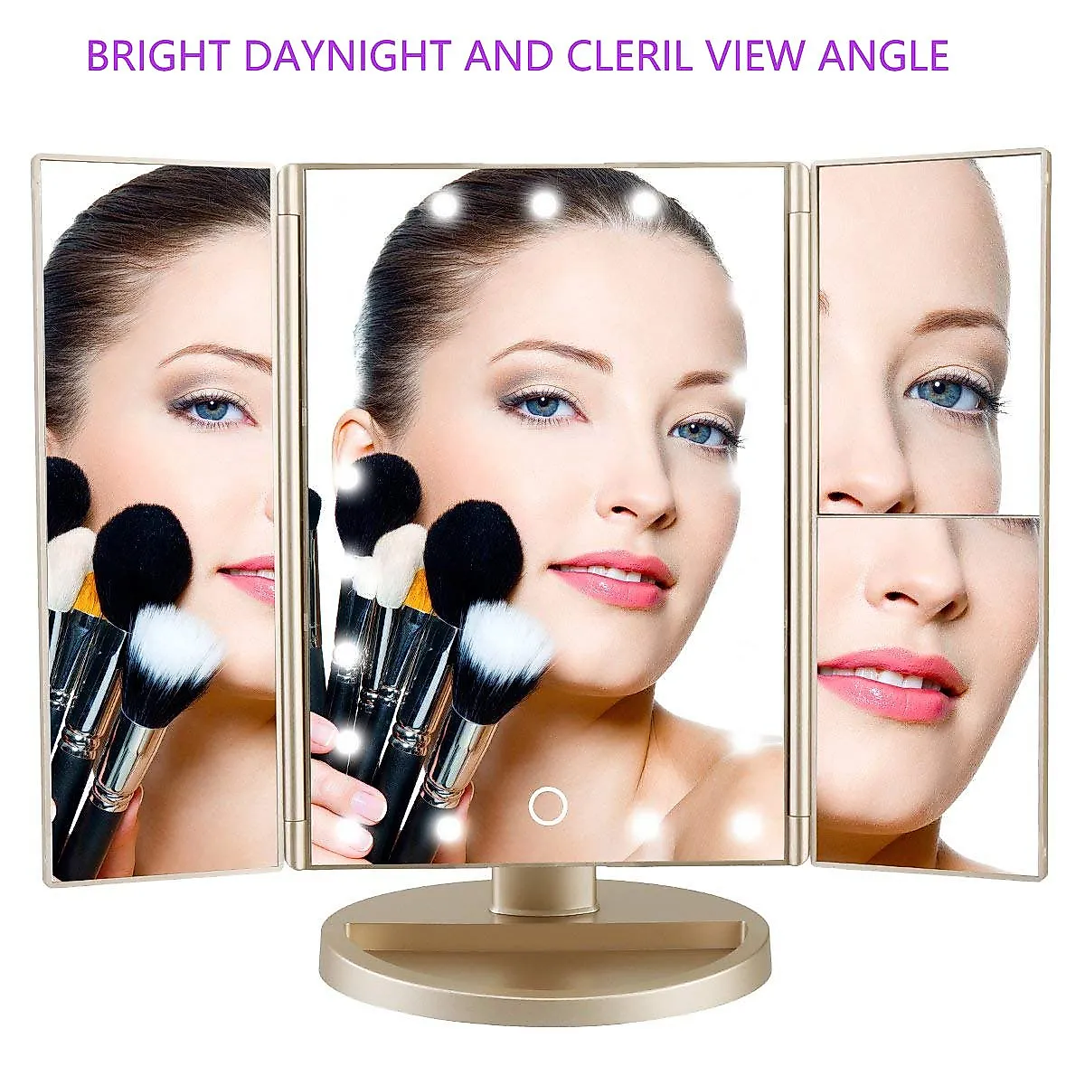 deweisn Floor Mount Tri-Fold Lighted Vanity Mirror with 21 LED Lights, Touch Screen and 3X/2X/1X Magnification, Two Power Supply Modes Make Up Mirror,Travel Mirror