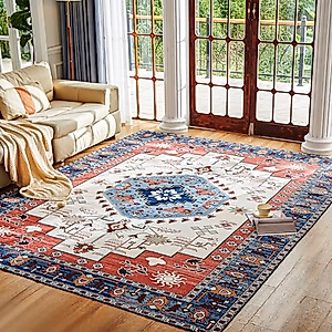 CHOSHOME Washable Rug - 5x7 Vintage Medallion Area Rugs with Non-Slip Backing Soft Stain Resistant Non-Shedding Low-Pile Floor Carpet Mat for Living Room Bedroom Kitchen Home Office,Red
