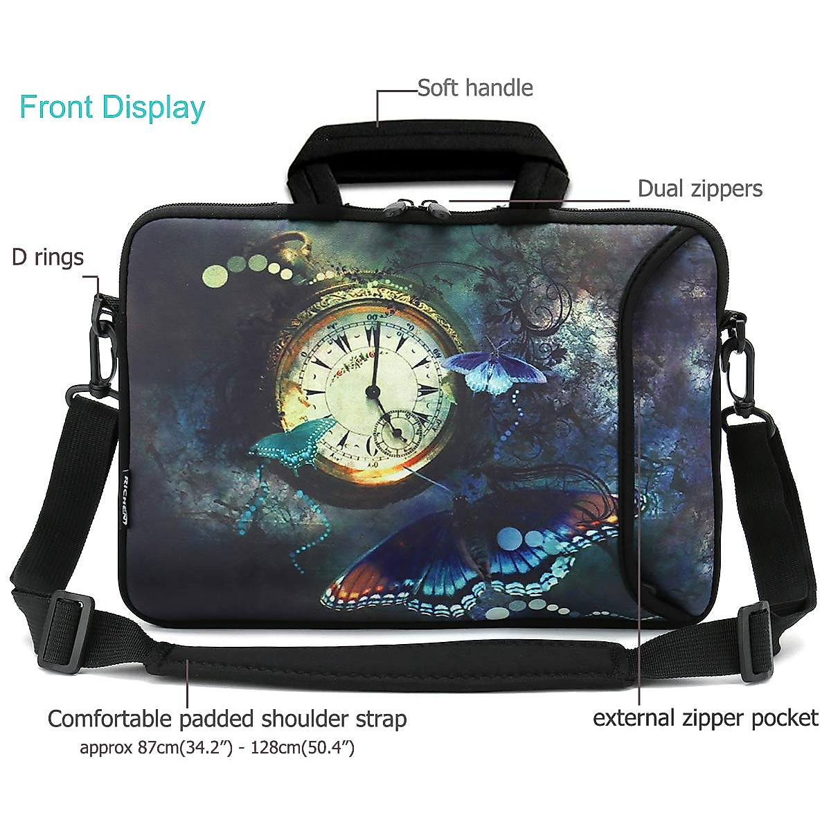 RICHEN 17 inch Laptop Shoulder Bag Carrying Case PC Cover Pouch with Handle Fits 15.6/16/17/17.3/17.4 inch Notebook (16-17.3 inch, Clock & Butterfly)
