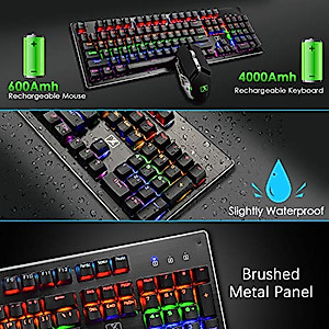 Wireless Gaming Keyboard and Mouse Combo with 104 Key Rainbow LED Backlight Rechargeable 4600mAh Battery Mechanical Keyboard Anti-ghosting Ergonomic RGB Mute Mice for Computer PC Gamer (Blue Switch)