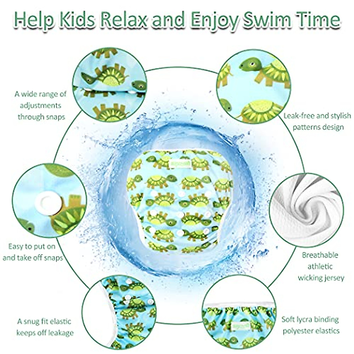 wegreeco Baby & Toddler Snap One Size Adjustable Reusable Baby Swim Diaper (Diving, Ocean, Turtle, Large, 3 Pack)