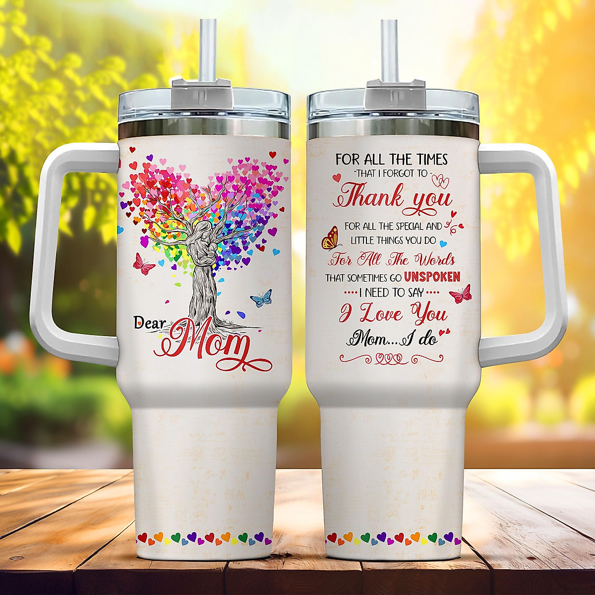 99WHALE Dear Mom Tree Color, Tumbler 40 Oz With Handle Lid And Straw, Mom Gifts, For Tumblers Mommy Modern Be Cups Heart Butterfly Day Straws Mama Simple Handle Momma Insulated