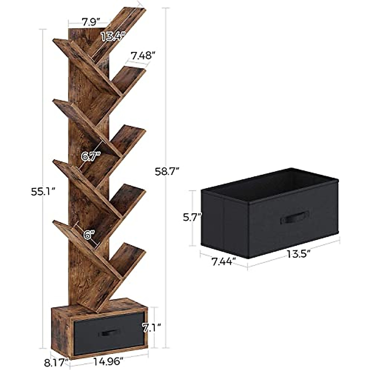 Rolanstar Bookshelf with Drawer, 9-Tier Tree Bookshelf, Wooden Bookshelves Storage Rack for CDs/Movies/Books, Rustic Brown Bookcase, Utility Organizer Shelves for Living Room, Bedroom, Home Office
