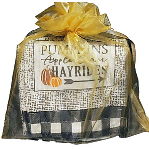 4 pc Fall Kitchen Set w/Kitchen Towels, Oven Mitt, Pot Holder - Buffalo Plaid Kitchen Set Pumpkin, Apple Cider, Hayrides Fall Kitchen Decor Set - Comes in an Organza Bag so It's Ready for Giving