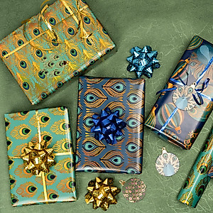 WRAPAHOLIC Peacock Christmas Wrapping Paper Roll - Green Peacock Elements Patterns with Metallic Foil Shine - 4 Rolls - 30 Inch x 120 Inch Per Roll