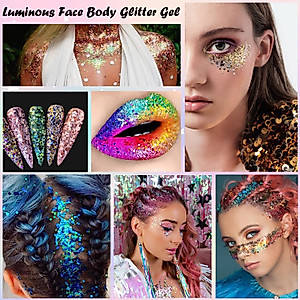 18 Colors Glow in The Dark Face Body Glitter Gel, Luminous Iridescent Glitter for Eye Lip Nail Hair, Self-Adhesive UV Holographic Face Glitter Gel Halloween Christmas Party Makeup (18 Colors)