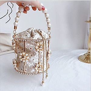 Women Pearl Rhinestones Flower Clutch Bag Crystal Beaded Evening Purses Clutches Formal Wedding Party Prom Handbags (Apricot)
