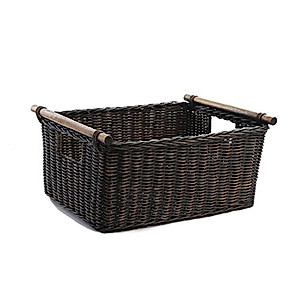 The Basket Lady Pole Handle Wicker Storage Basket, Extra Large, 20 in L x 16 in W x 10 in H, Antique Walnut Brown