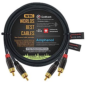12 Foot RCA Cable Pair - Gotham GAC-4/1 (Black) Star-Quad Audio Interconnect Cable with Amphenol ACPL Black Chrome Body, Gold Plated RCA Connectors - Directional