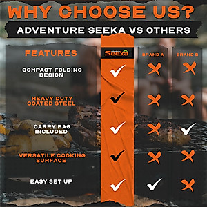 Adventure Seeka Heavy Duty 24" Folding Campfire Grill, Camp Fire Grill With Folding Grill Design For Compact Storage. Campfire Grill Grate And Griddle For Versatile Campfire Cooking