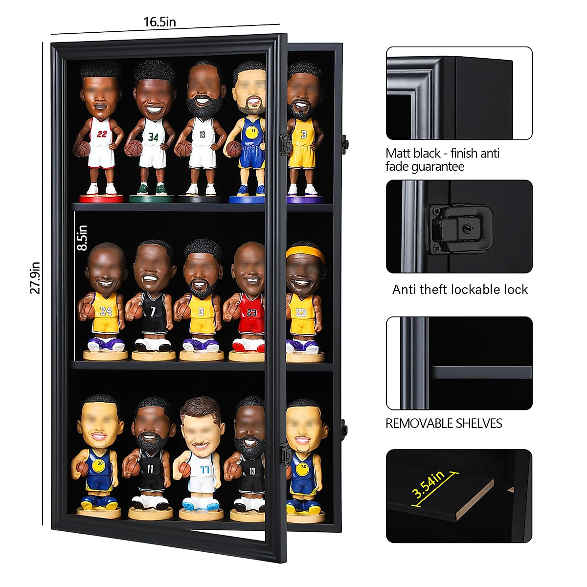 Zmiky Bobblehead Display Case Action Figure Display Case Bobble Head Shadow Box Wall Cabinet for 15 Figurines Display with Lockable Anti Fade Uv Protection for Bobble Heads, Action Toy Figures, Black