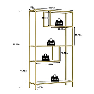 HOME BI Bookshelf,4 Tier Metal Frame Bookcase, Tall Book Shelf,Open Display Shelves for Office, Study Room, Living Room,Gold 13" D x 39.37" W x 70.08" H