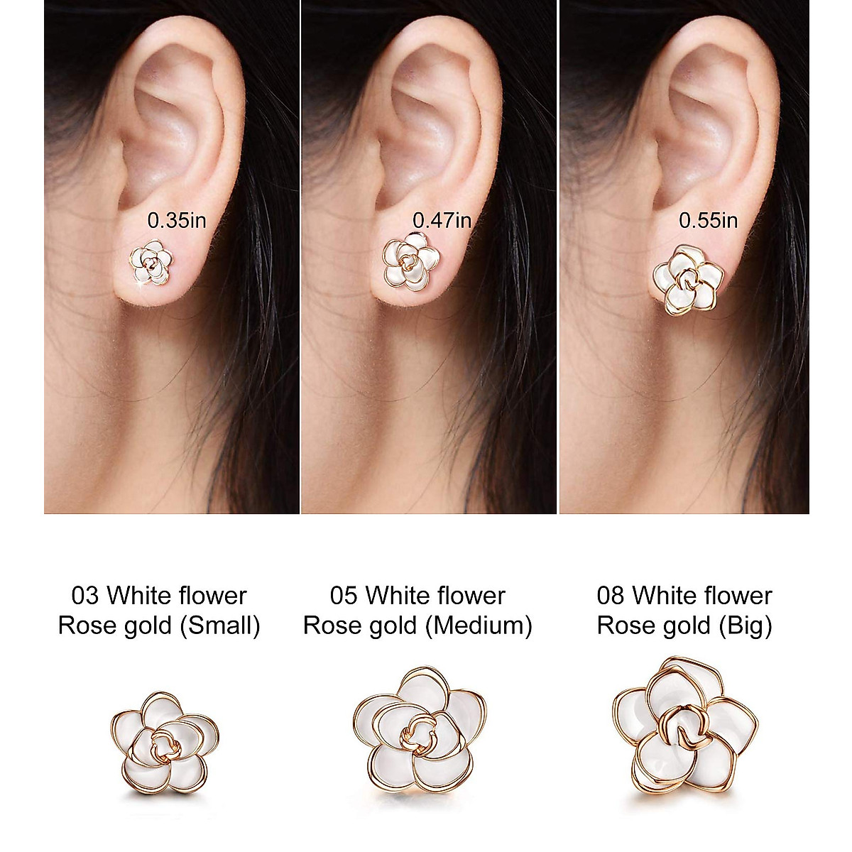 Flower Stud Earrings Hypoallergenic for Women - 18K Gold Plated Rose Earrings for Sensitive Ears, Nickel Free (Large White)