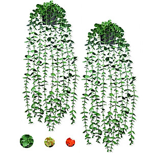 RECUTMS 2 Potted Fake Hanging Plants, Artificial Plants Hanging Tasteless Eucalyptus Leaf Shaped Natural Drooping Hanging Plants Artificial Decor Wall Home Garden (Green)