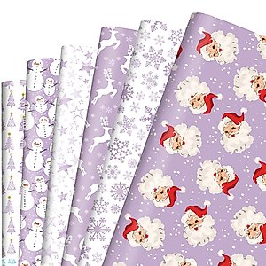 Vnaaem Purple Christmas Wrapping Paper Style Santa Reindeer Snowman Tree and Snowflake Holiday Style Gift Wrap Paper Folded Flat Xmas Art Paper for Winter Party Birthday Baby Shower - 20 X 28 Inches 6 Folded Sheet