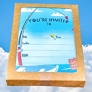 25 Gone Finishing Invitations With Envelopes, Fill In Style You're Invited Birthday Fishing Party For Adult & Kids. Boat & Fishing Rod Design With Sea & Gone Fishing Sign. Thick & Non Coated Cardstock