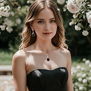 BriLove Sparkling Teardrop Cubic Zirconia Pendant Necklace Dangle Earrings Tennis Bracelet Adjustable Ring Set Gift for Wedding/Anniversary/Birthday/Christmas Black Silver-Tone