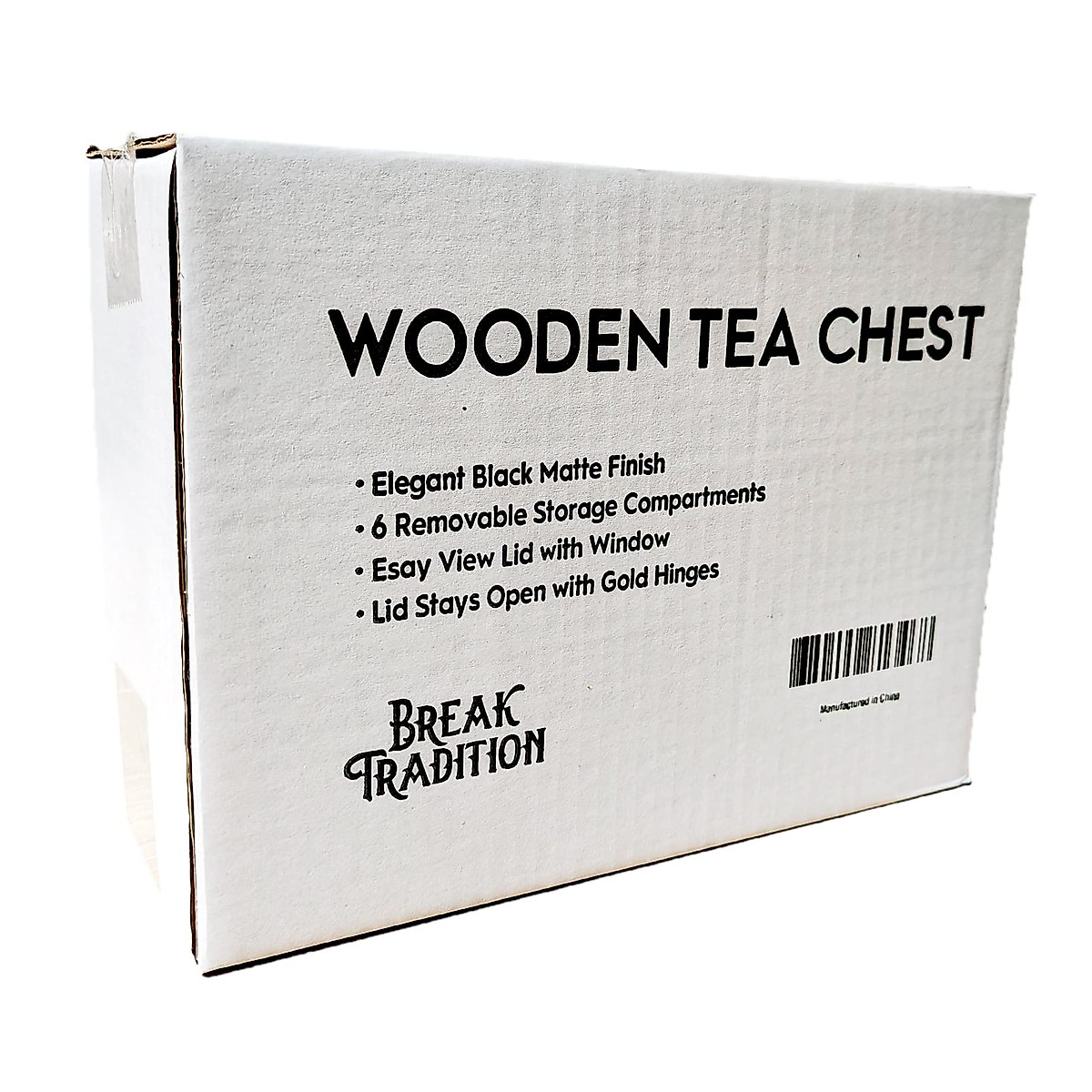 Break Tradition Wooden Tea Organizer For Tea Bags - Black Wooden Tea Chest With 6 Compartments - Clear Top Window - Lid Stays Open (Black)