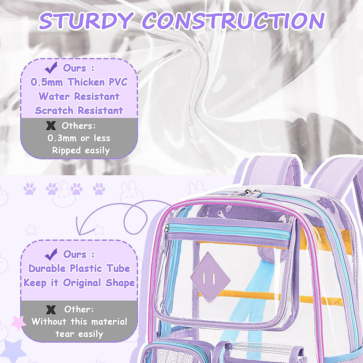 PIG PIG GIRL Clear Backpack for School,Heavy Duty PVC Transparent Bookbag for Girls Stadium Approved See Through Backpack for Women for College Work Travel Festival,Purple and Blue