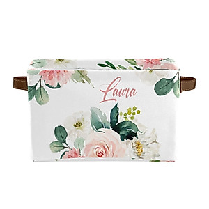 Pink Rose Flower Personalized Custom Name Waterproof Storage Boxs Baskets Clothts Towel Book for Bathroom Office 1 Pack