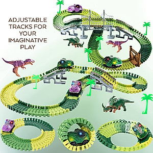 TOYLI Dinosaur Race Track Set 182 Pieces, Dino Track Flexible Dinosaur Road Race Playset with Bridge, Ramps, Dinosaur Track Toy Set is a Great 3 Year Old boy Gift.