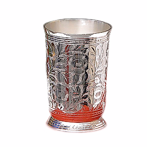 PARIJAT HANDICRAFT Brass beautifully embossed mint julep cup, water tumbler, drinking glass coated with silver