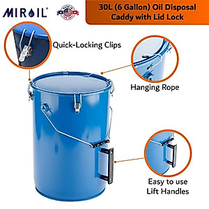 MirOil 30L 6 Gallon Oil Disposal Caddy with Lid Lock | Safe Storage & Transport of Up to 6 Gal of Polishing / Frying Oil | Utility Pail with Heat Shield Fitted Handle | Food Compatible Interior Coating