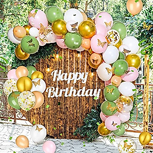 Fairy Birthday Party Decoration 154 Pieces Butterfly Balloon Garland Arch Kit Gold Olive Green Pink White Confetti Latex Balloons Gold Glitter Fairy Happy Birthday Cake Topper for Baby Shower Wedding