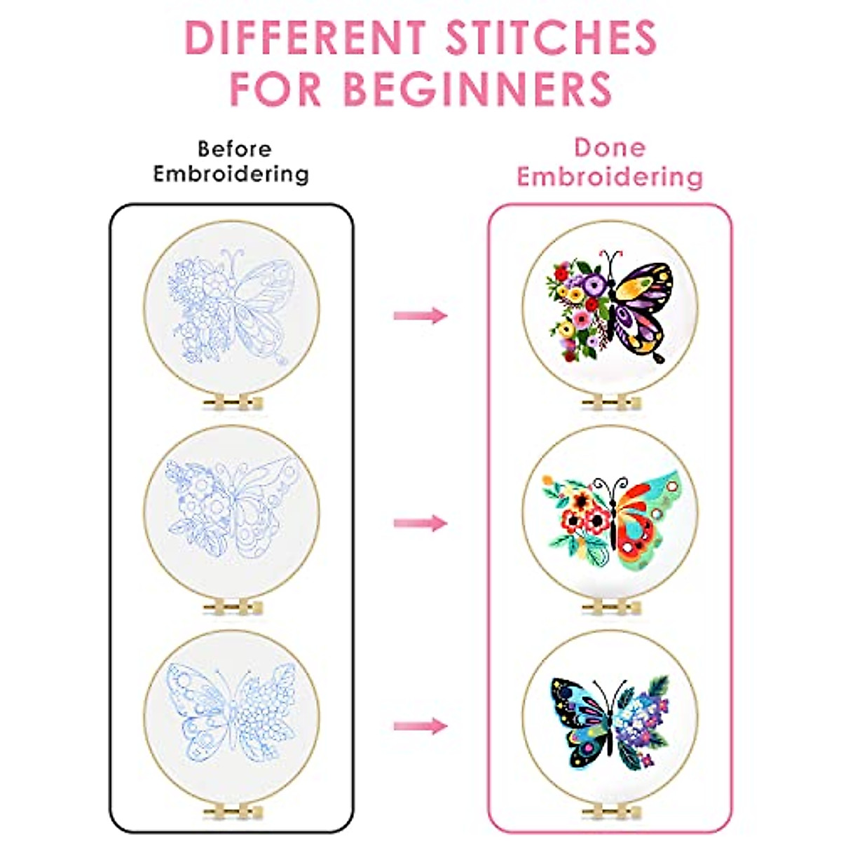Butterfly Flower Embroidery Stitch Practice kit, 3 Sets Beginners Embroidery Kit for Beginners Include Embroidery Cloth Hoops Threads for Craft Lover Hand Stitch with Embroidery Skill Techniques
