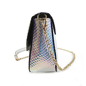 RemeeHi Fashion Small Shiny Hologram Laser Travel Snake PU Shoulder Bag Crossbody Bag with Chain Gradual Purple