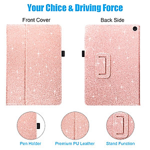 DMLuna Case for All-New Amazon Fire HD 10 & 10 Plus Tablet (13th / 11th Generation, 2023/2021 Release) 10.1", Slim Cover with Folding Stand, Auto Wake/Sleep, Hand Strap, Card Slot - Glitter Rose