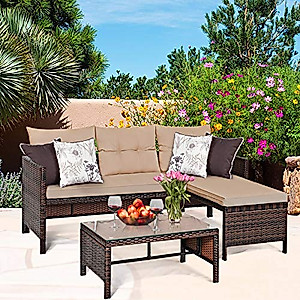 Tangkula Patio Corner Sofa Set 3 Piece, Outdoor Rattan Sofa Set, Includes Lounge Chaise, Loveseat & Coffee Table, Patio Garden Poolside Lawn Backyard Furniture