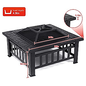 32 Inch Fire Pit Table for Outside Heavy Duty 3 in 1 Metal Square Firepit Table with Spark Screen Cover Log Grate and Poker for Outside Wood Burning and BBQ Drink Cooling