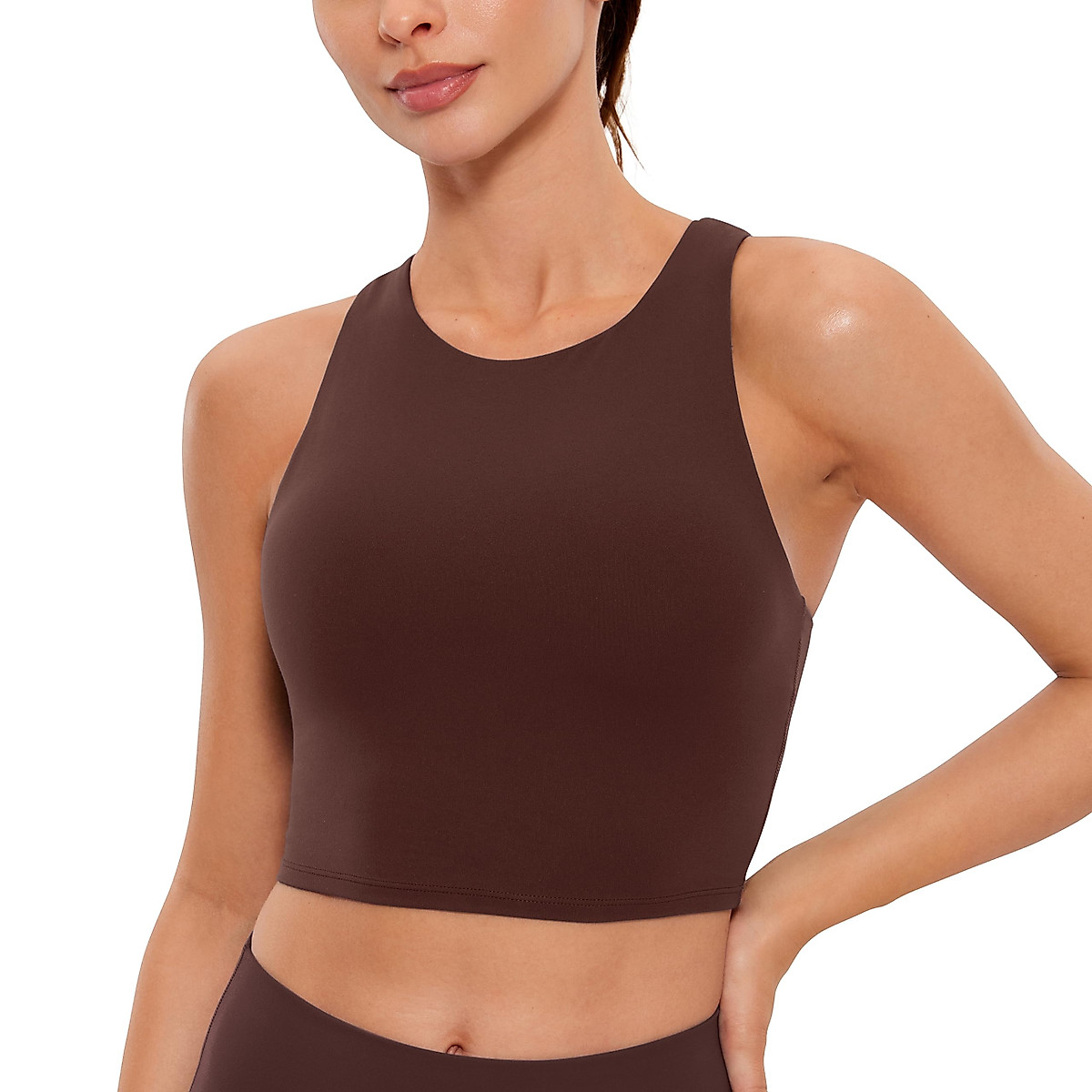 CRZ YOGA Butterluxe Racerback High Neck Longline Sports Bras for Women - Padded Workout Crop Tank Tops with Built in Pads Taupe Large