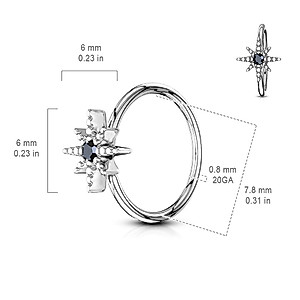 Pierced Owl Black CZ Crystal Centered Starburst Bendable Annealed Nose/Cartilage Ring