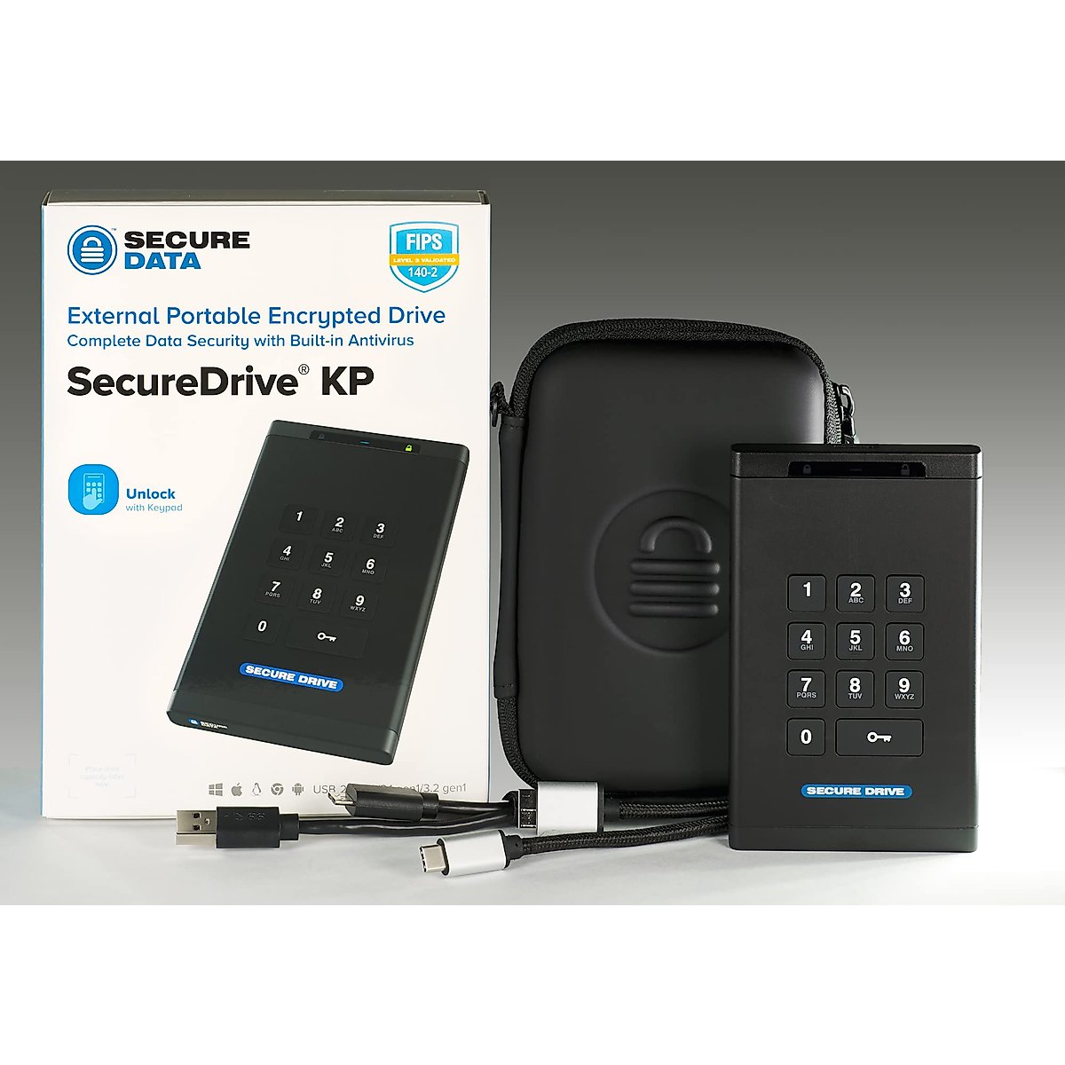 SecureData SecureDrive KP 5TB Hardware Encrypted USB 3.0 External Drive FIPS 140-2 Level 3 Unlock via Keypad TAA Compliant, CJIS, HIPAA, CMMC, GDPR Compliant, Works with Mac and Win Free AV