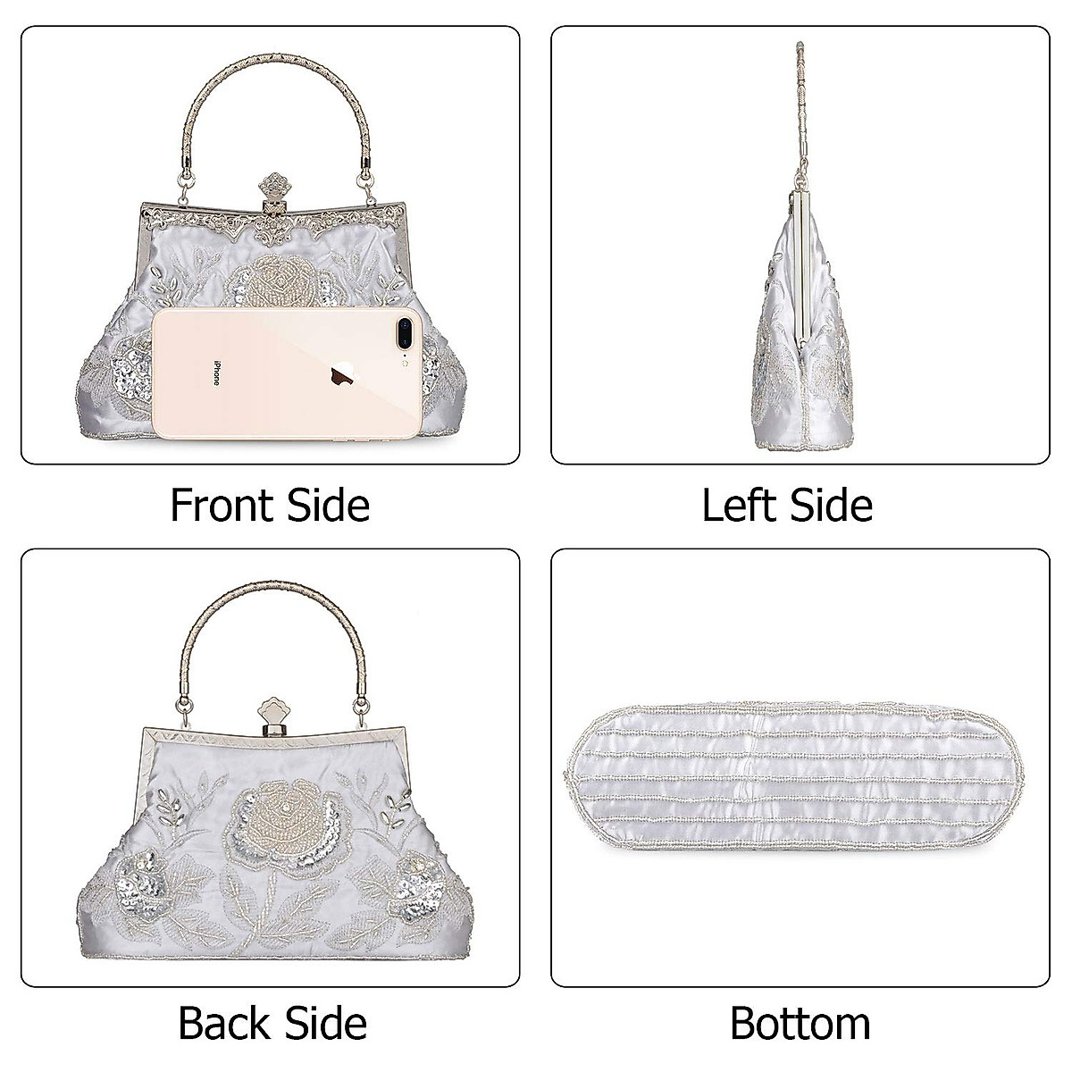 KISSCHIC Women's Handbag Vintage Rose Embroidered Beaded Sequin Evening Bag Wedding Party Clutch Purse (Silver)