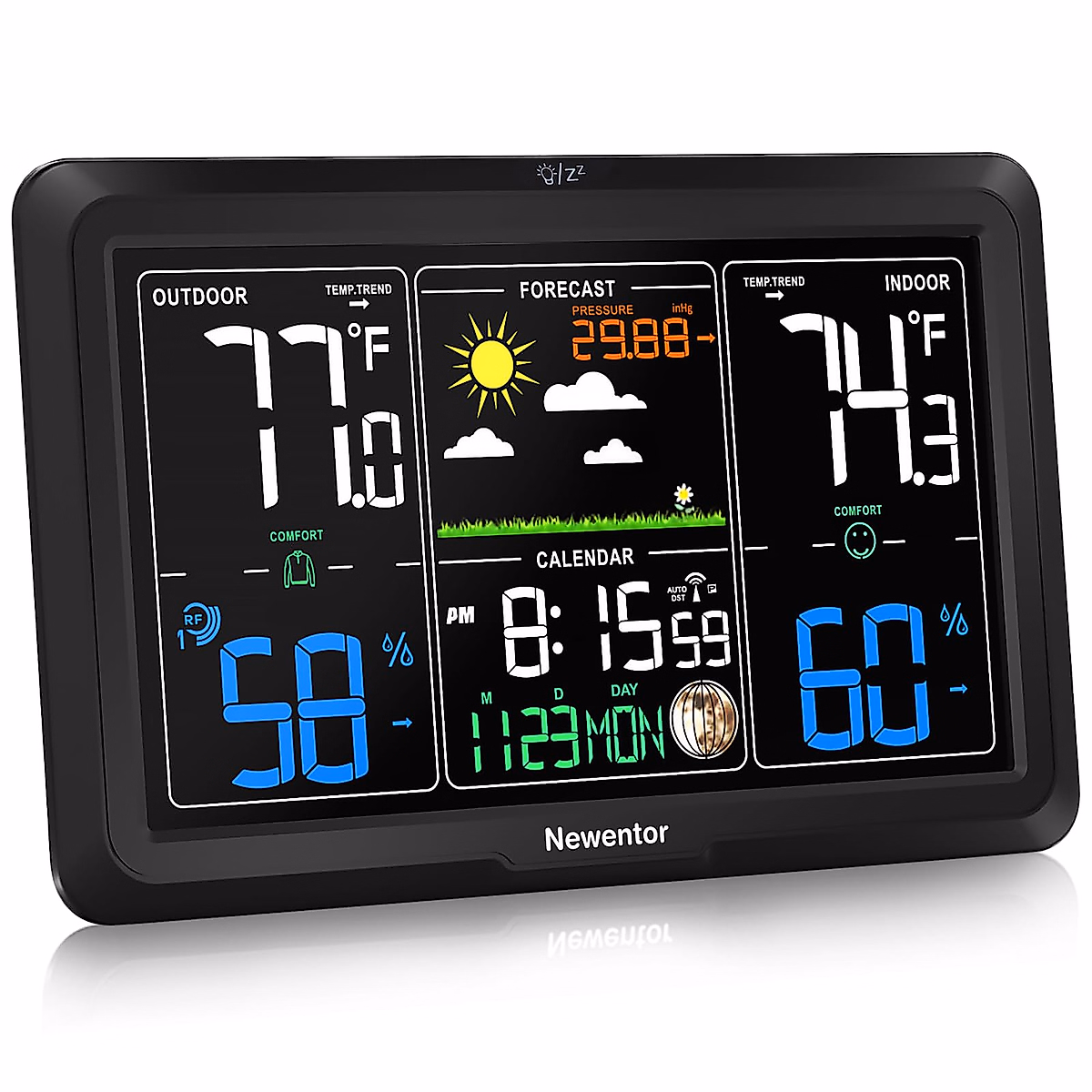 Newentor Weather Station Wireless Indoor Outdoor Thermometer, 7.5in Large Display Atomic Weather Clock, Temperature Humidity Monitor with Moon Phase, Weather Forecast and Barometric Pressure, Black