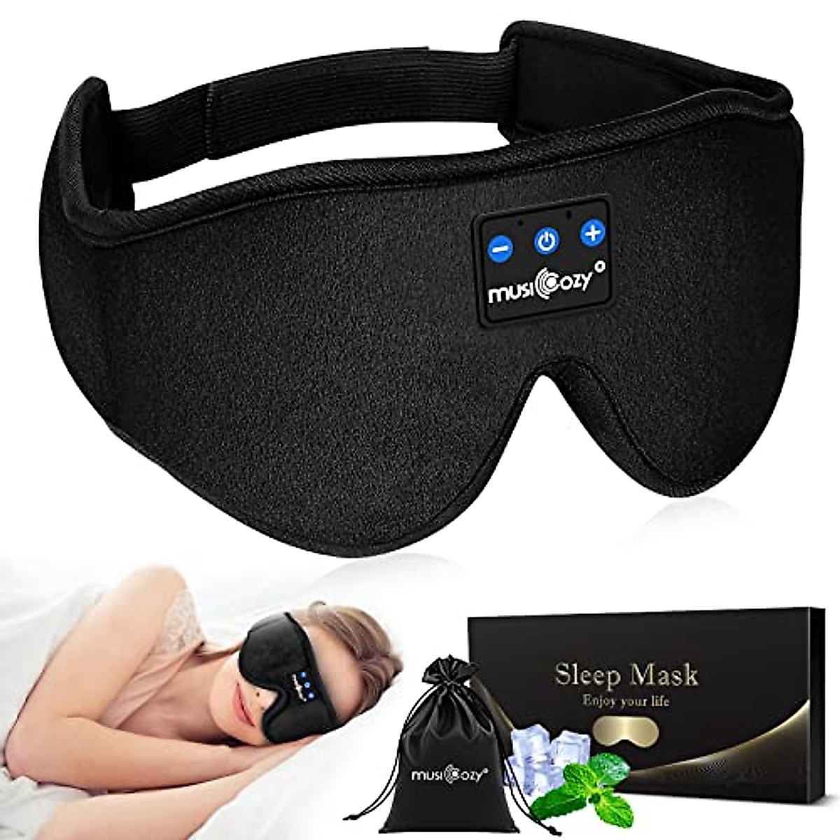 MUSICOZY Sleep Headphones Bluetooth Wireless Sports Headband, Sleeping Eye Mask Earbud for Side Sleepers Air Travel Meditation, Black Mask & Gray Headband, Pack of 2