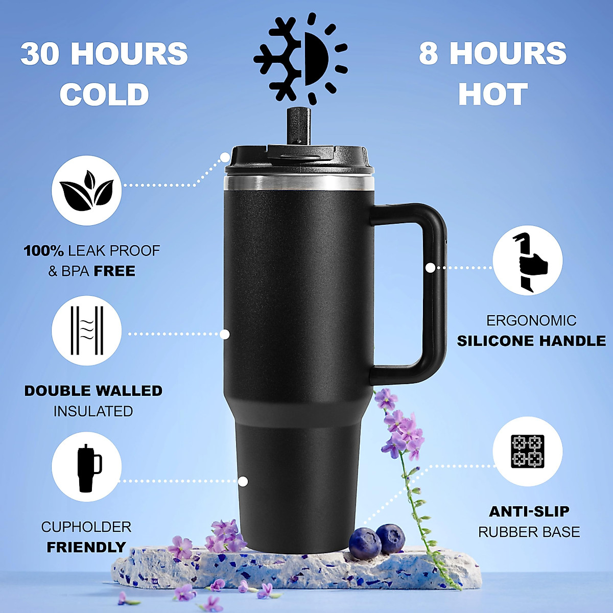 Klickpick Home 40 Ounce Stainless Steel Vaccum Insulated Thermal Tumbler With Handle Lid 2 straws, Reusable Travel Coffee Mug Cup Cupholder friendly, Keeps cold for 30 H, 100% Leakproof, Black