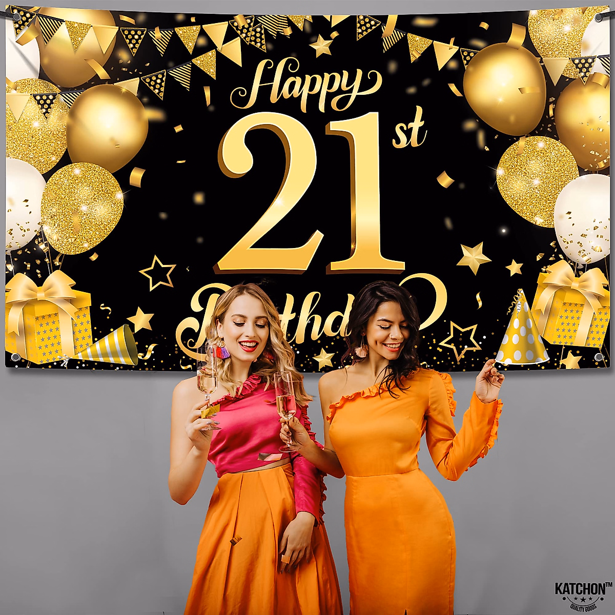 KatchOn, Giant Gold Number 21 Balloon - Pack of 3 | Gold 21 Birthday Balloon, 21st Birthday Backdrop | Happy 21st Birthday Banner Black and Gold for Happy 21st Birthday Decorations for Him