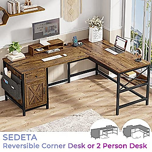SEDETA 63" L Shaped Desk, Convertible Long Home Office Desk or Corner Desk, Office Computer Desk with Drawer, Power Strip, Storage Cabinet & Monitor Stand for Home Office, Rustic Brown