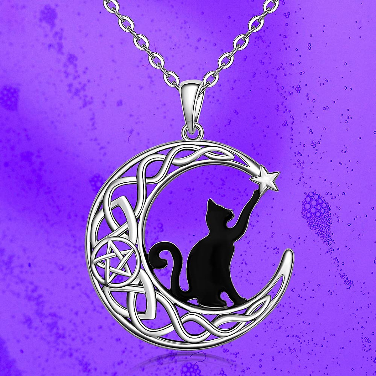 Fenthring Black Cat Necklace Sterling Silver Crescent Moon Celtic Knot Cat Necklaces for Women Cute Animal Infinity Pentacle Cats Halloween Christmas Holiday Jewelry