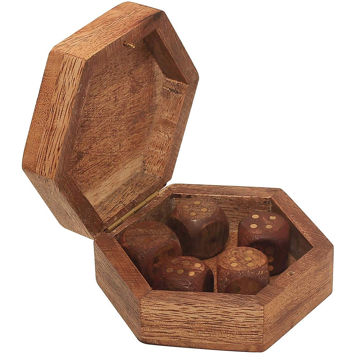 Krazy Craft Wood Dice Box With 5 Wooden Dices - Handmade Dice Game Brass Inlay Dices For Tabletop Countertop Standing Display Dice Box Board Games Accessories For Kids Adults Teens