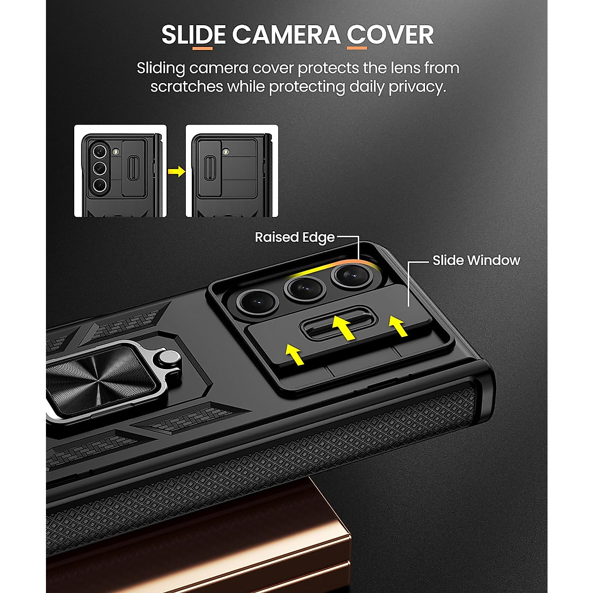 Upgraded for Galaxy Z Fold 5 Case, Samsung Fold 5 Case with Screen Protector, Kickstand Ring Holder, Slide Camera Cover and Hinge Protection - Shockproof for Z Fold 5 5G Phone - Black